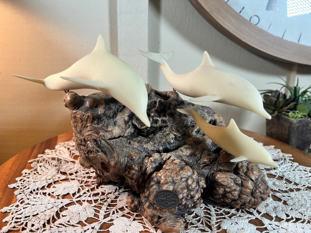 John Perry Studio Art, Burl Wood, Sculpture, 3 White Dolphin Family ...