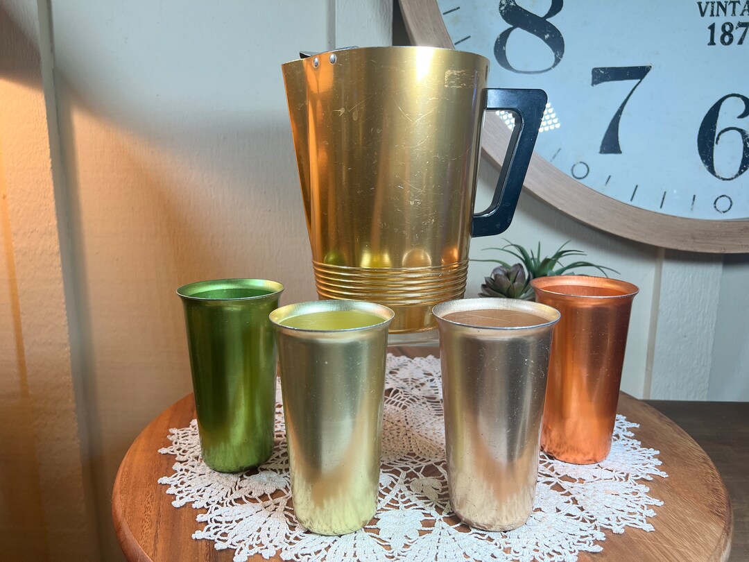 Vintage MCM Aluminum Pitcher Set 5 Pc., 4 Cups, 1 Pitcher, Multi-color ...