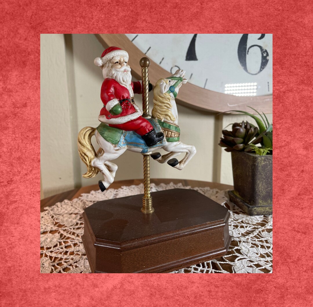 Vintage Santa Carousel Horse, Porcelain, Wood Base, Wind Up, Musical ...