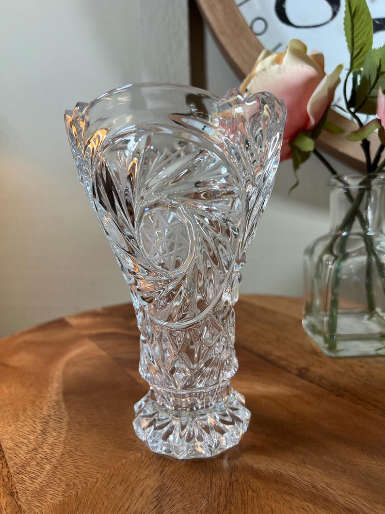 Vintage, Pinwheel, Hand Etched Glass, Vase, Ruffle Edge, Clear Glass, 7 ...