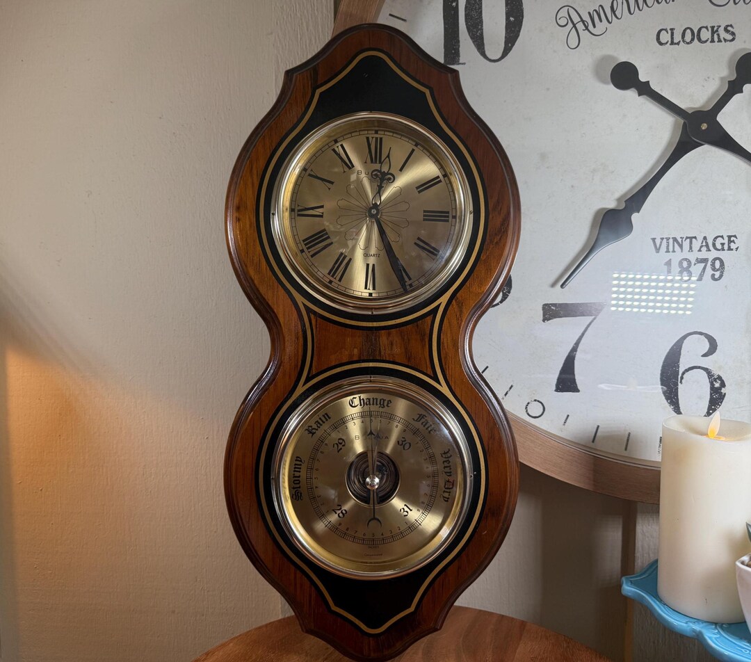 Vintage, Bulova, Wood, 2 Gauge, Clock, Weather Station, England, 23 ...