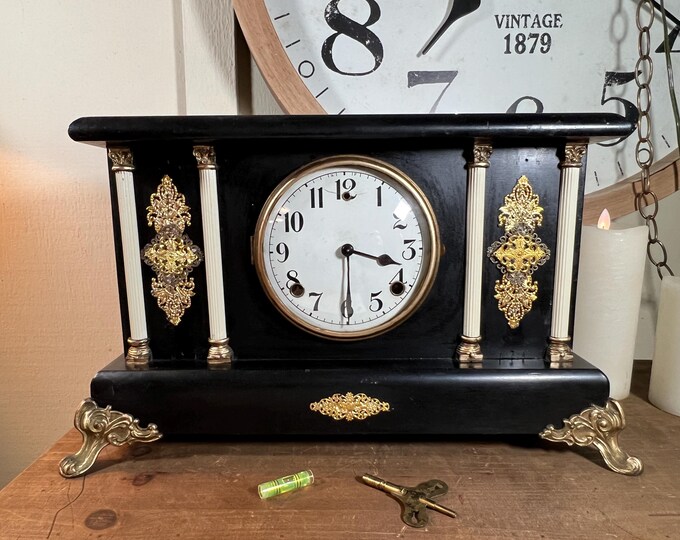 Antique, Gilbert, Mantle Clock, Ornate Face, Columns, Lions Head Sides ...