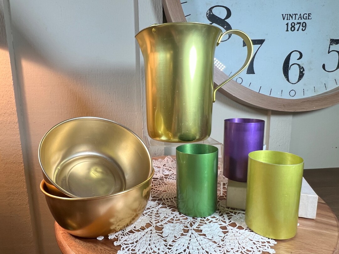 Vintage MCM Aluminum Pitcher Set Six, 3 Cups, Pitcher, 2 Bowls, Multi ...