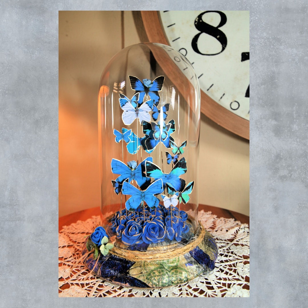 Vintage Handmade Large Glass Butterfly Dome, Blue, Butterfly's, Gold ...