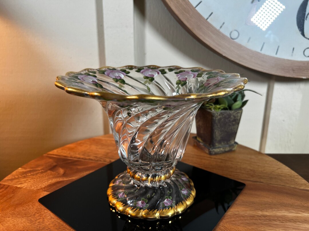 Vintage, Hand Painted, Glass, Floral, Round Pedistal, Gold Rim, Ruffled ...