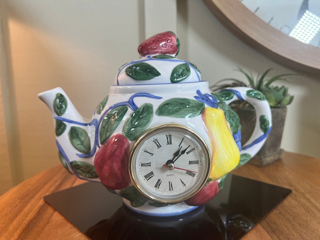 Vintage, White , Red, Yellow, Cermic, Fruit, Tea Pot, Clock, Baum Bros ...