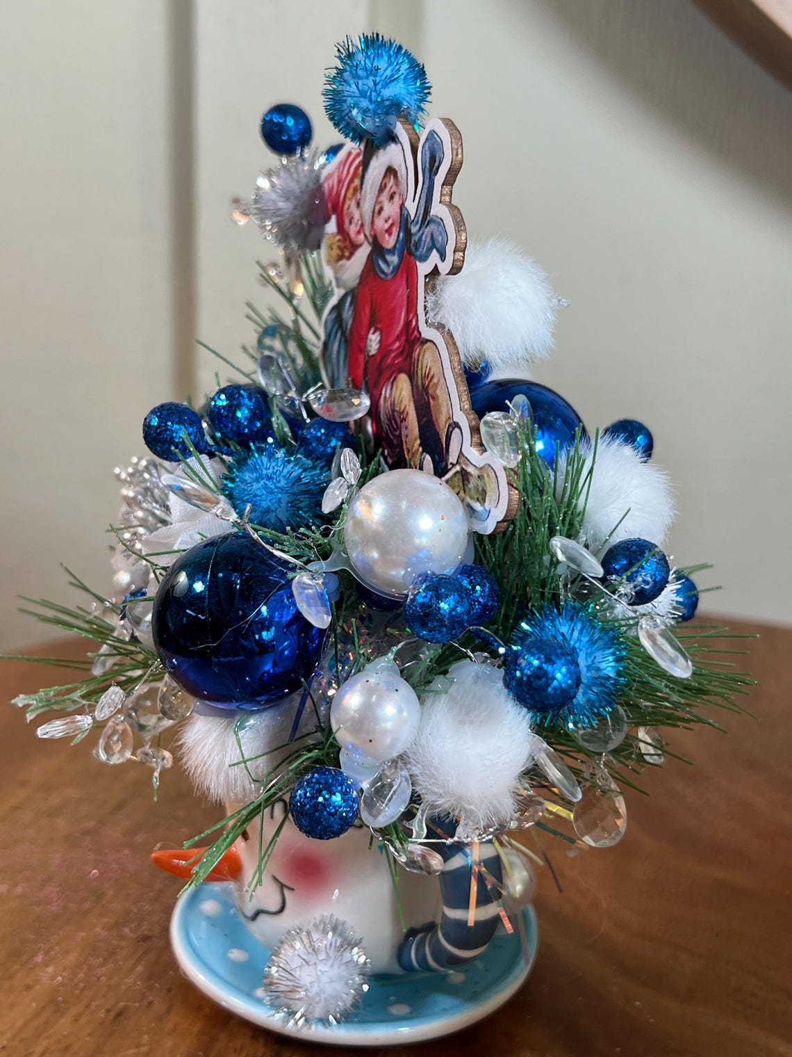 Vintage Kids Sledding, Snowman Tea Cup, Christmas Arrangement ...
