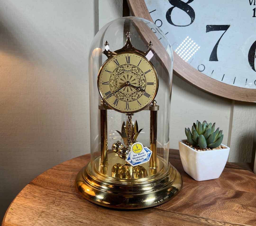 Vintage, Large, Glass Dome, Gold, Bulova Anniversary Clock, Quartz, 12 ...