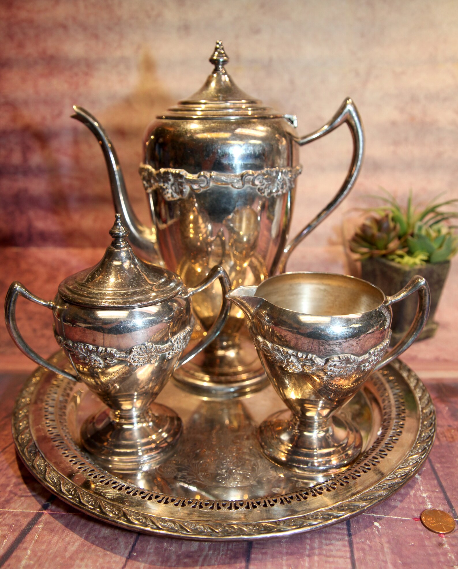 Vintage 4 Piece Silver Plate Tea Set Tea Pot Cream Sugar | Etsy