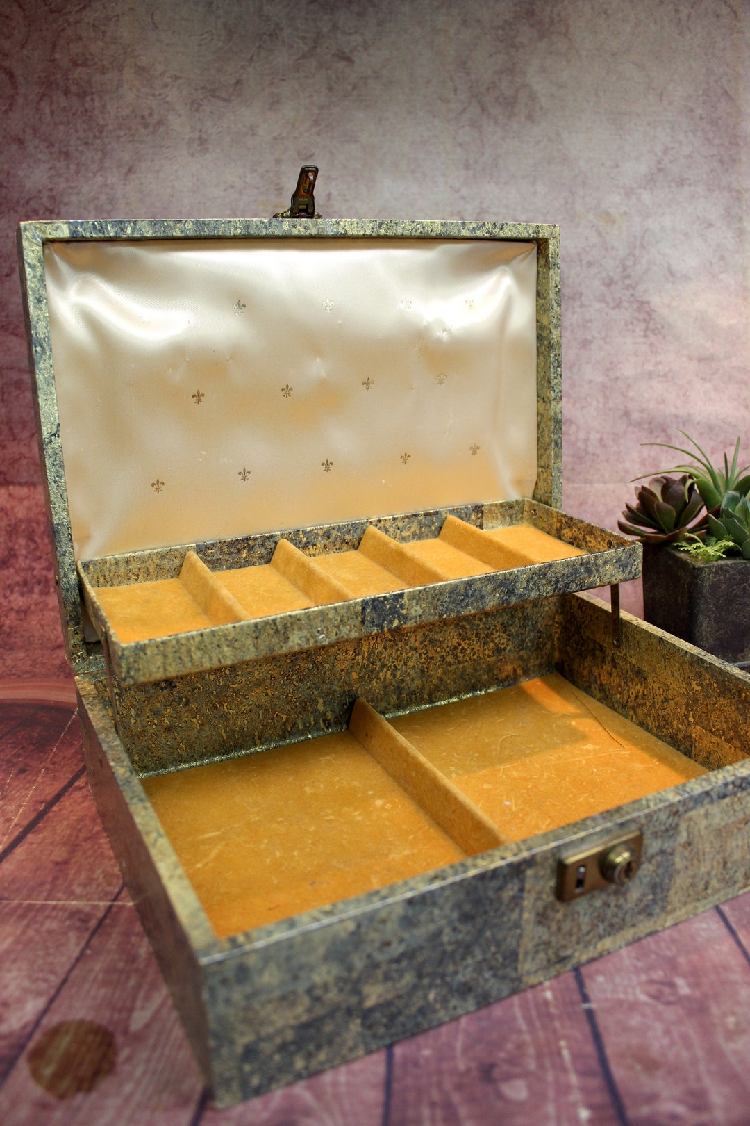 Vintage Metalic Gold and Grey With Splatter Jewelry Box, 11", 1970's ...