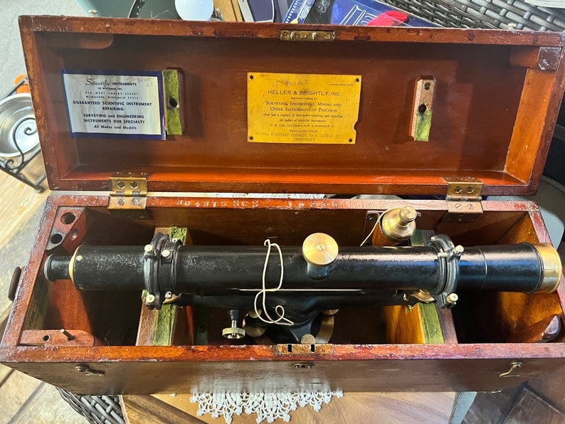 Antique Surveyors Transit Level, in Wood Box, Heller & Brightly, Brass ...