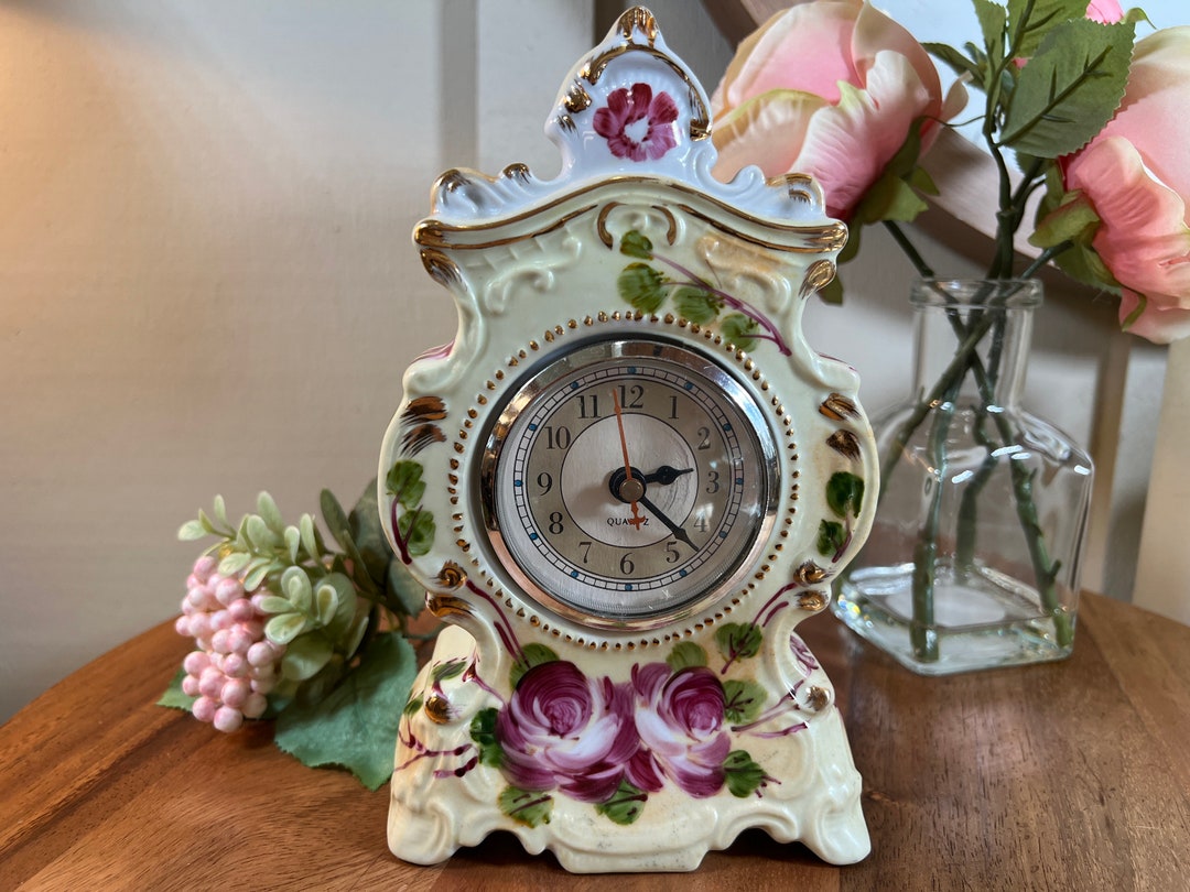 Vintage, Cream Porcelain, Victorian, Clock, Hand Painted Burgundy ...