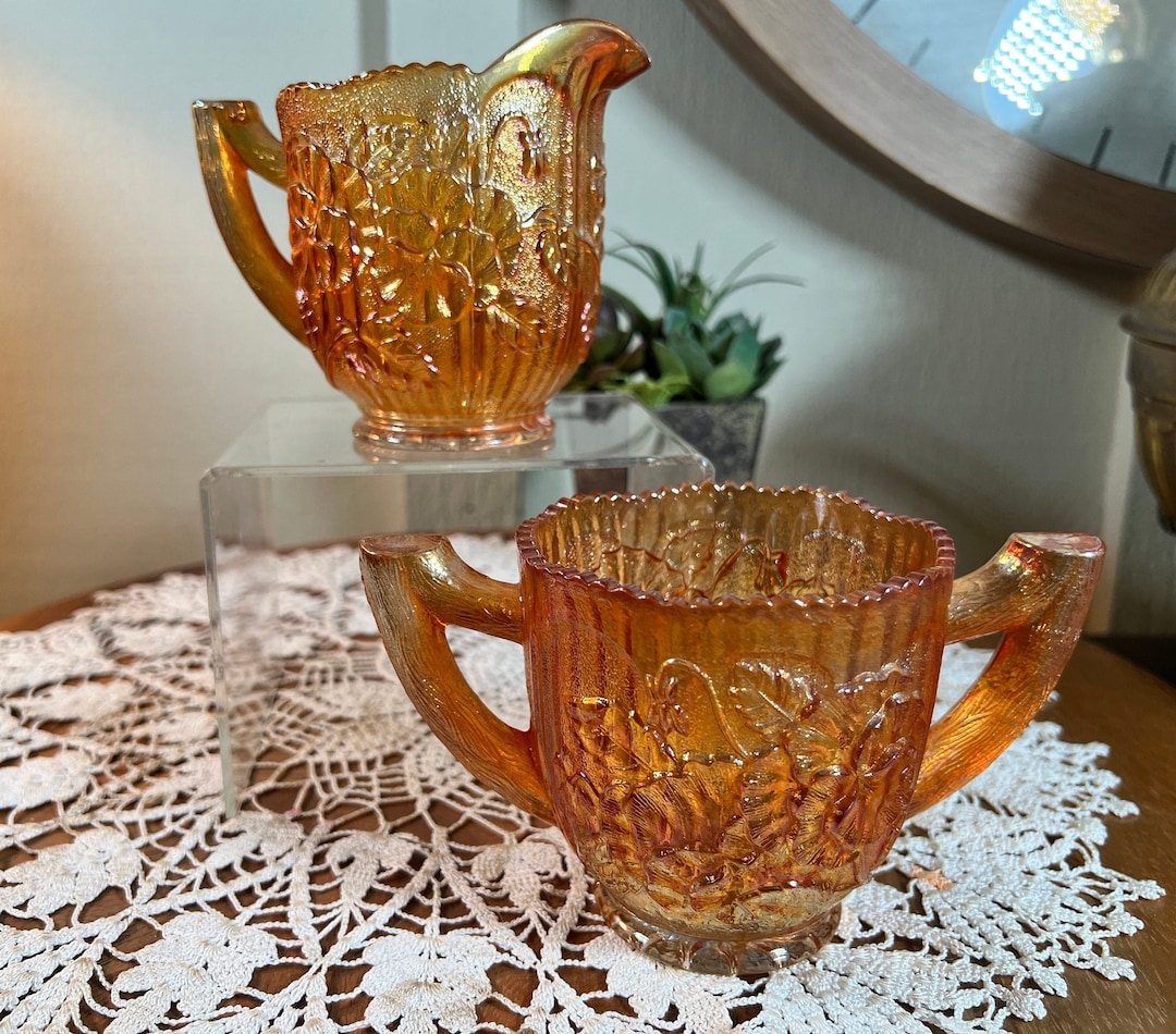 Vintage, Imperial, Carnival Glass, Amber, Open Sugar Bowl-handles-pansy ...