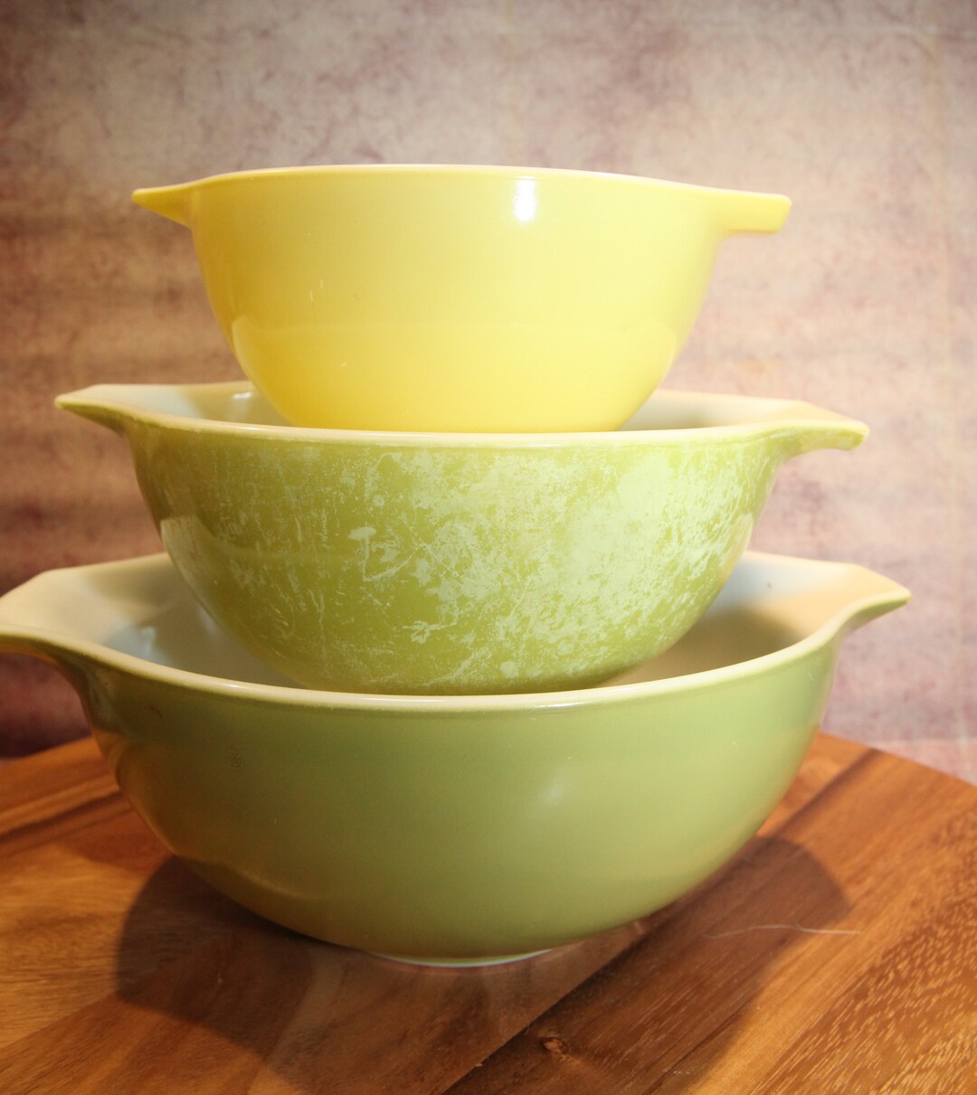 Vintage Pyrex Verde Green Pattern Cinderella Mixing Bowls 444, 443, and ...