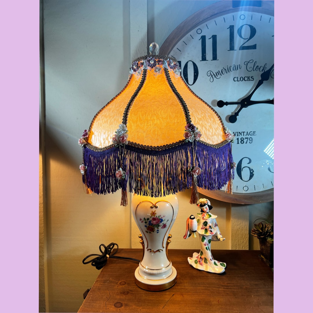 Vintage, Victorian, Table Lamp, Hand Decorated, Fringe Shade, Ceramic ...