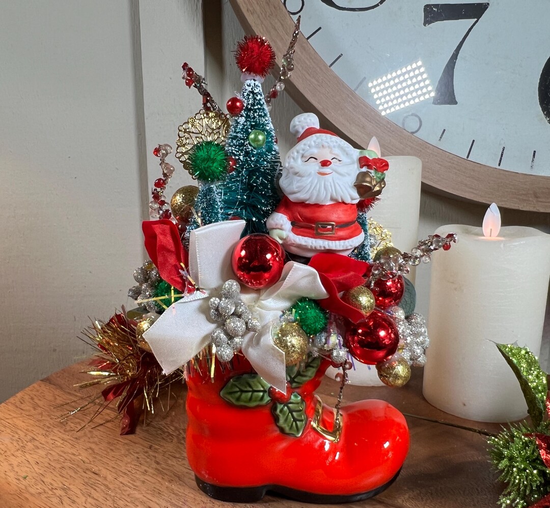 Vintage, Ceramic Red Santa Boot, Christmas, Floral Arrangement, 10 ...