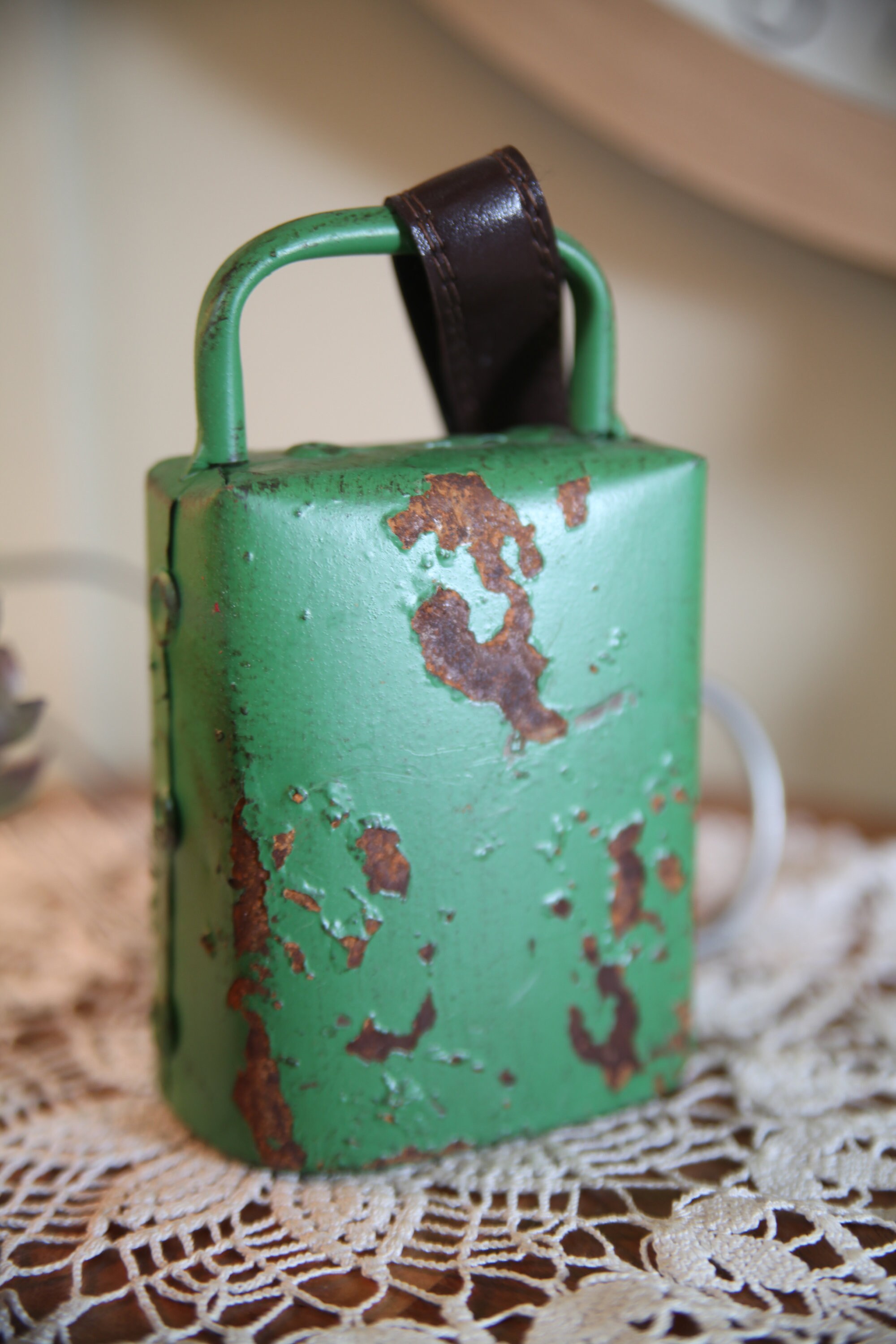 Large Green Metal Cow Bell Antique With Leather Strap - Etsy