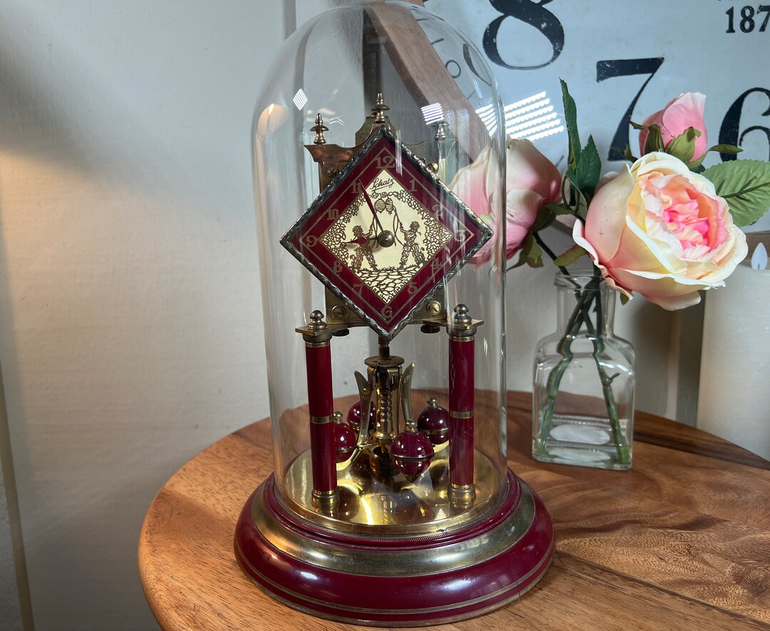 Vintage, Large, Glass Dome, Gold-burgundy, Schatz, Anniversary Clock ...