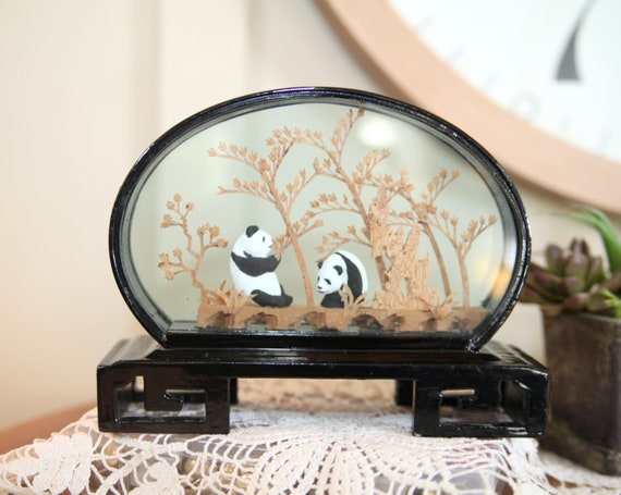 Vintage Chinese Cork Carving Diorama With Panda Bears | Etsy
