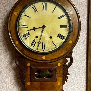 Antique, ANGLO, American, Inlay Wood, Wall Clock, New Haven Movement ...