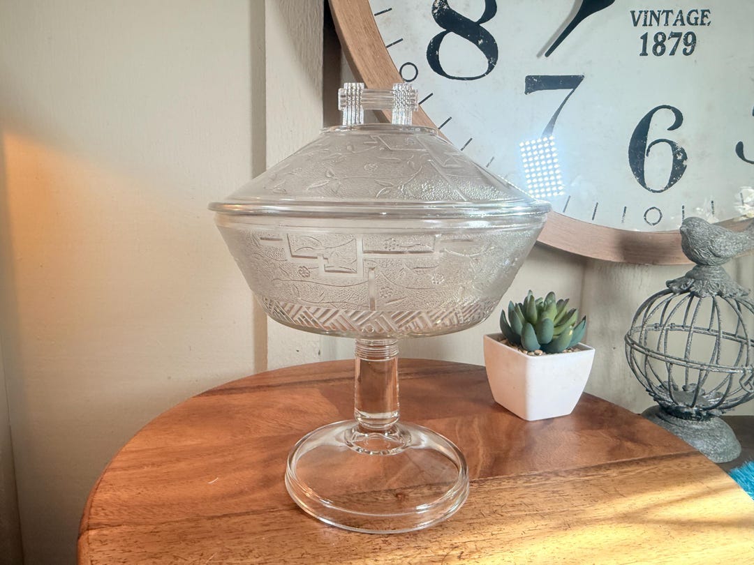 Antique, Seneca, Glass, Covered, Serving Bowl, Candy Dish, Frosted ...