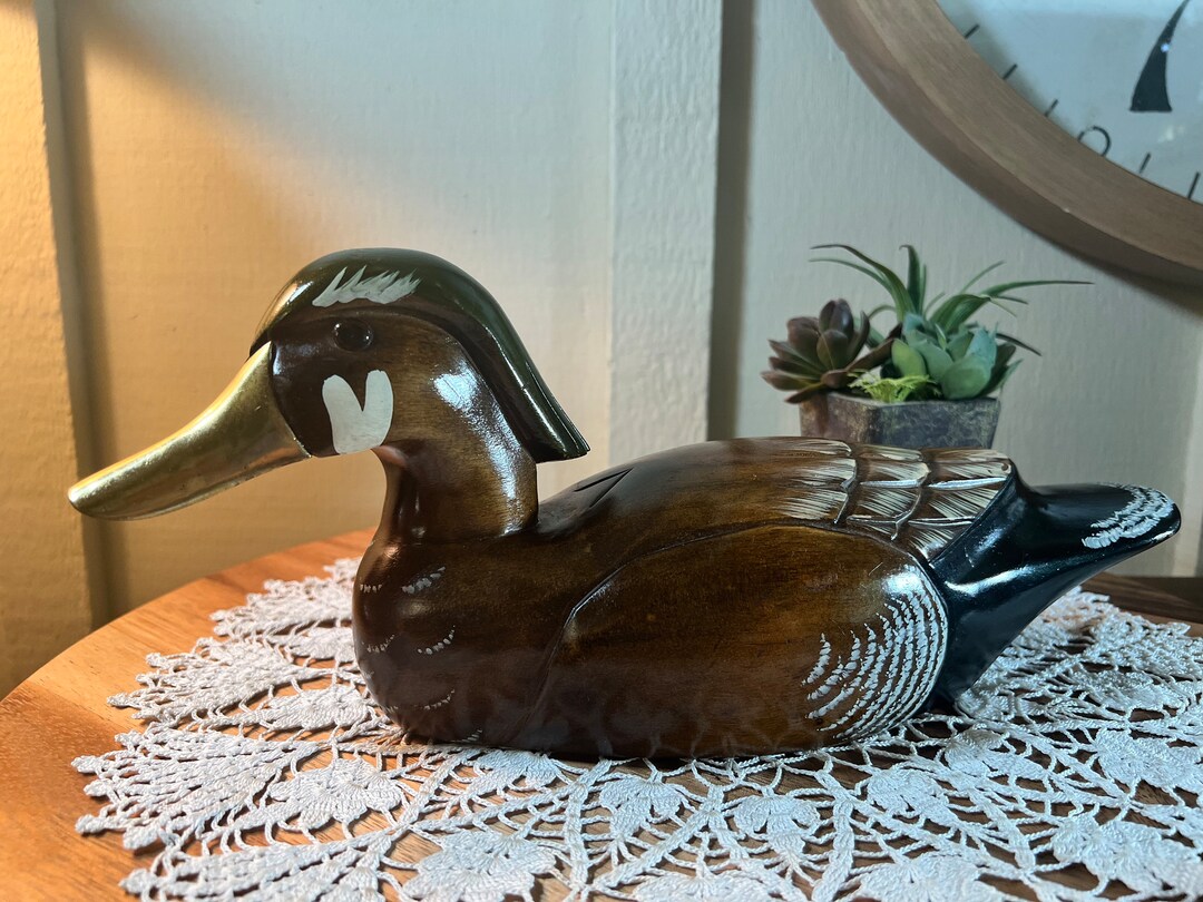 Vintage Large, Brass Bill, Wood Duck Decoy, Hand Painted, 14 Inch, 1980 ...