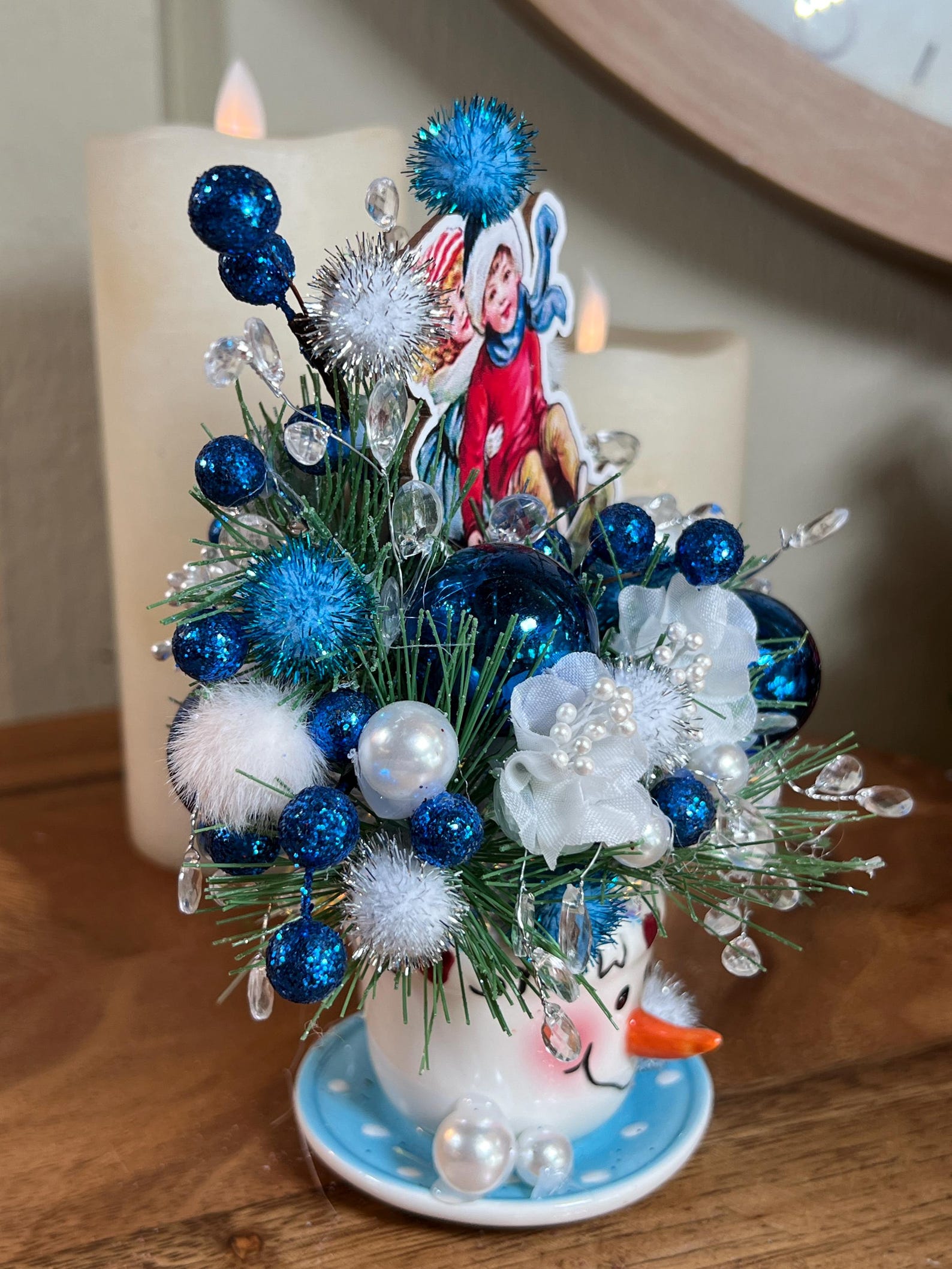 Vintage Kids Sledding, Snowman Tea Cup, Christmas Arrangement ...