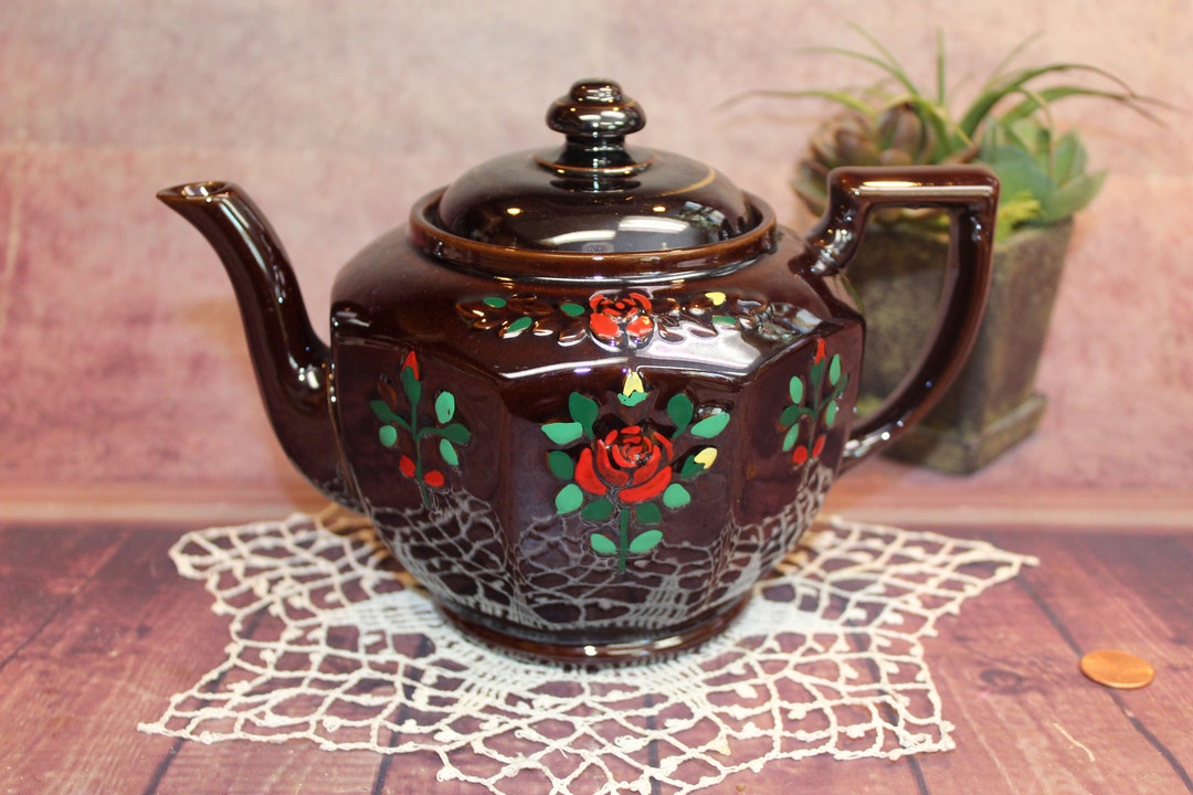 Vintage Brown Glaze Redware Ceramic Red Rose Tea Pot, 8.5", 1950's B86 ...