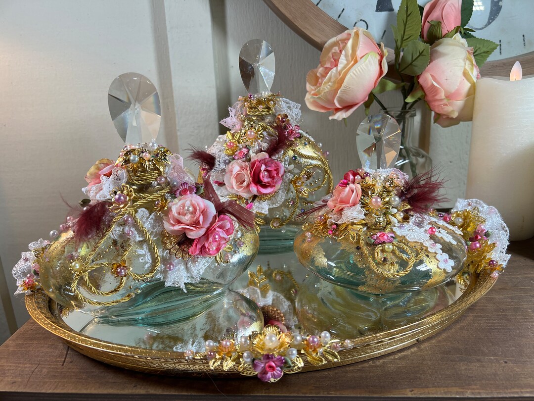 4 Piece, Embellished, Perfume Bottle Set With Tray, Hand Decorated ...