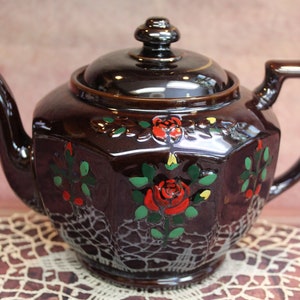 Vintage Brown Glaze Redware Ceramic Red Rose Tea Pot, 8.5", 1950's B86 ...