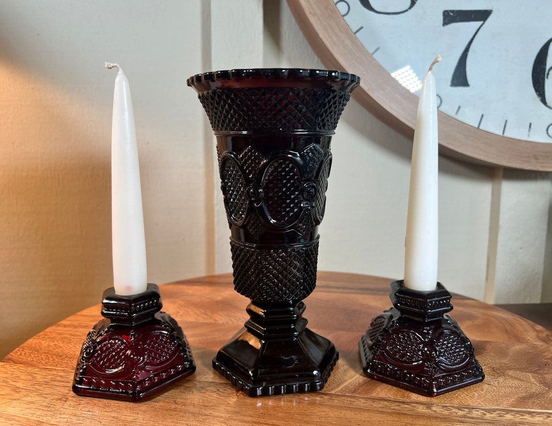 Vintage Ruby Red, Avon, Vase, Floral Vase, Large, With 2 Tapered Candle ...