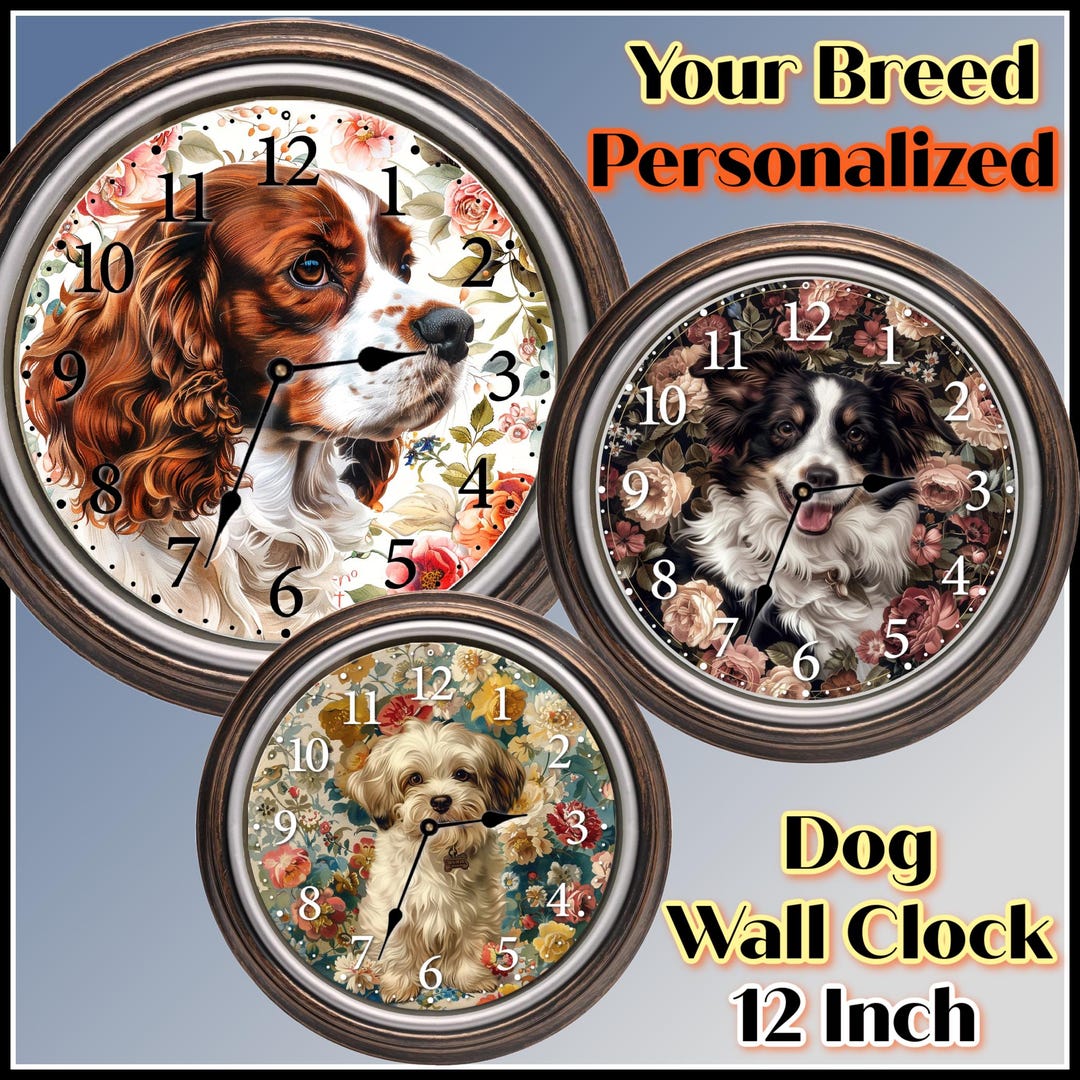 Personalized Dog Wall Clock, Your Dog Breed, 12", Brushed Gold Frame ...
