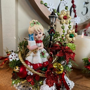 Vintage, Homeco Christmas Angel Girl, Holding Gifts, Lace Covered Tart Tin Base, Street Lamp ...