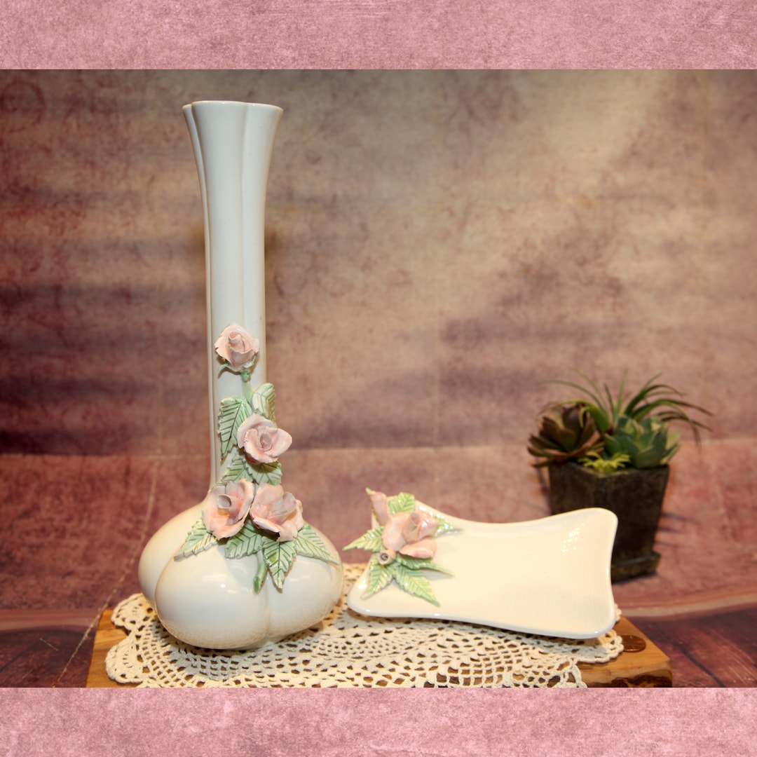Vintage Ceramic Pink Roses Floral Tall Vase & Soap Dish, Trinket Holder ...