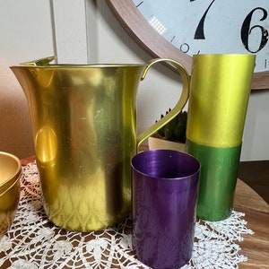 Vintage MCM Aluminum Pitcher Set Six, 3 Cups, Pitcher, 2 Bowls, Multi ...
