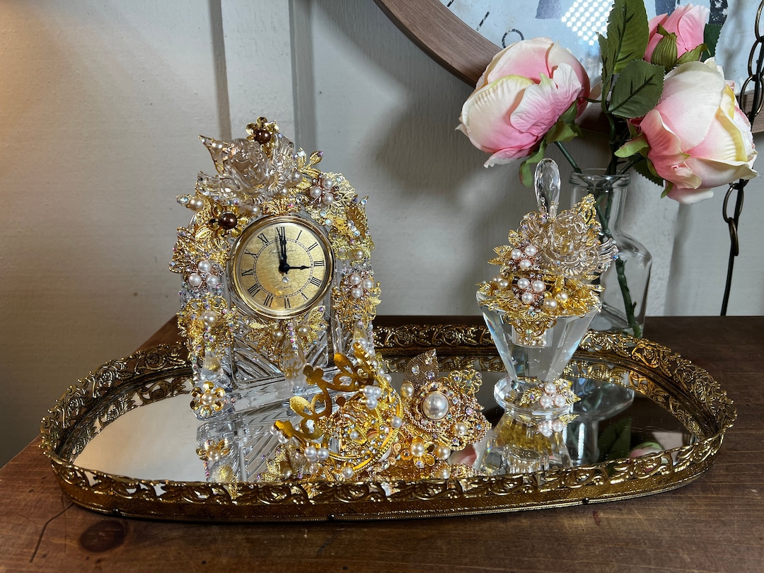 4 Piece, Embellished, Perfume Bottle, Clock, With Tray, Hand Decorated ...