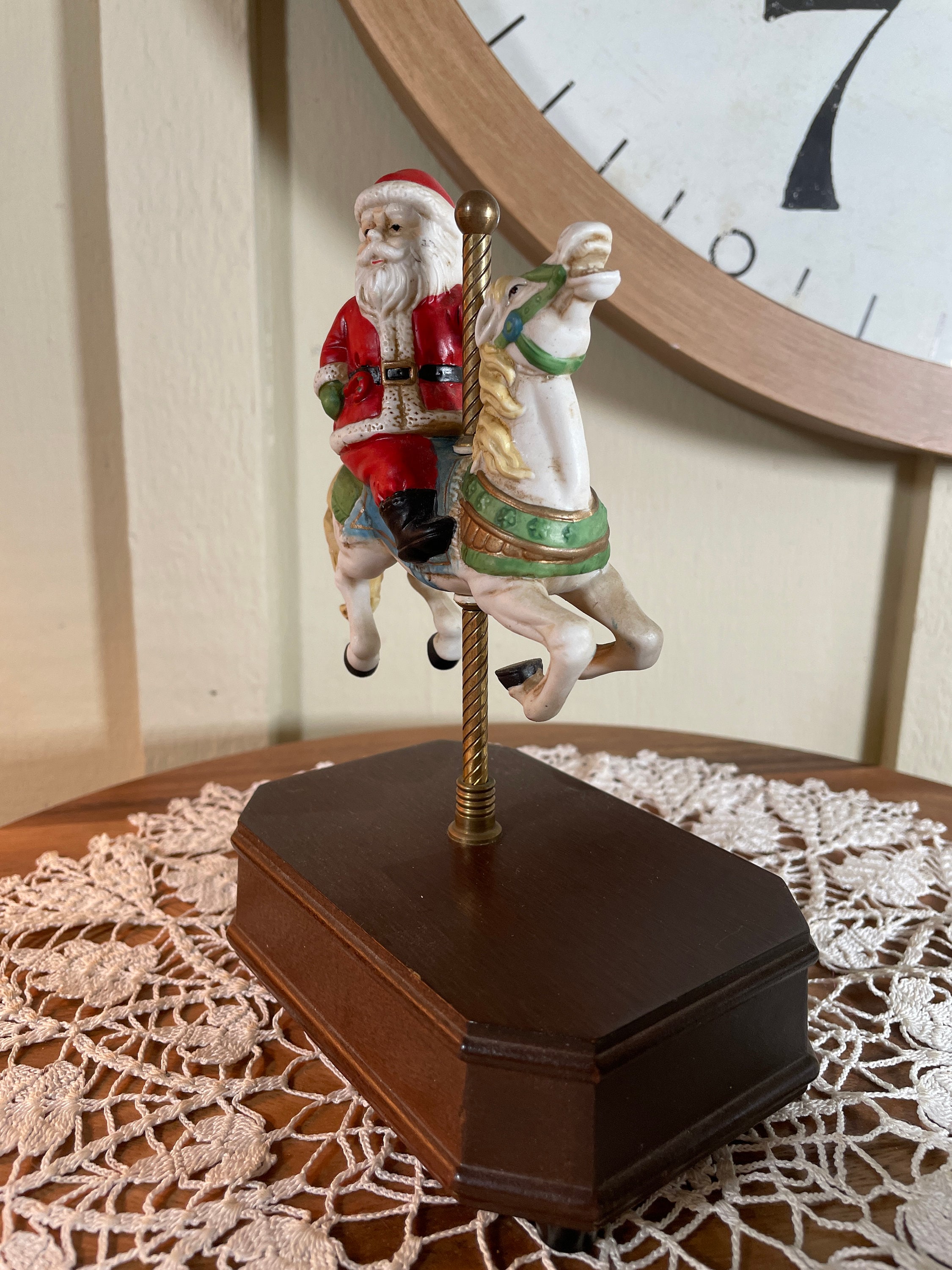 Vintage Santa Carousel Horse Porcelain Wood Base Wind Up | Etsy