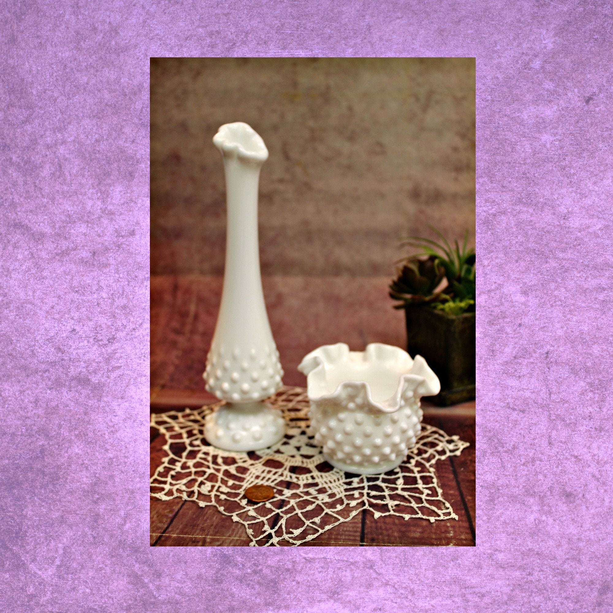 2 Piece Vintage Set Fenton Hob Nail Vase & Ruffle Edge Bowl - Etsy