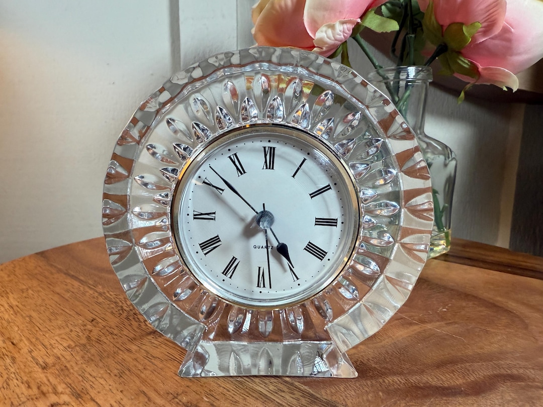 Vintage, Crystal Clock, Round, Sunburst, Pressed Glass, Quartz Clock ...