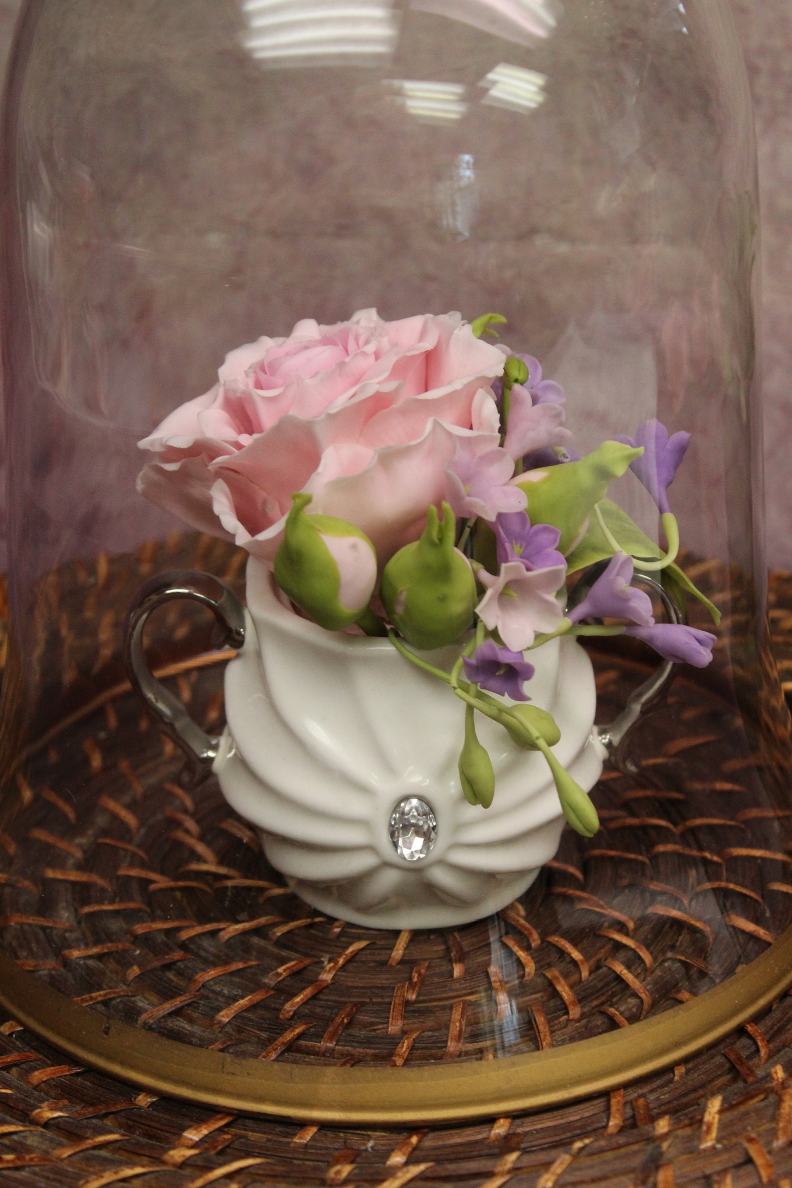 Vintage Large Glass Bell Shape Dome With Rattan Tray & Floral - Etsy