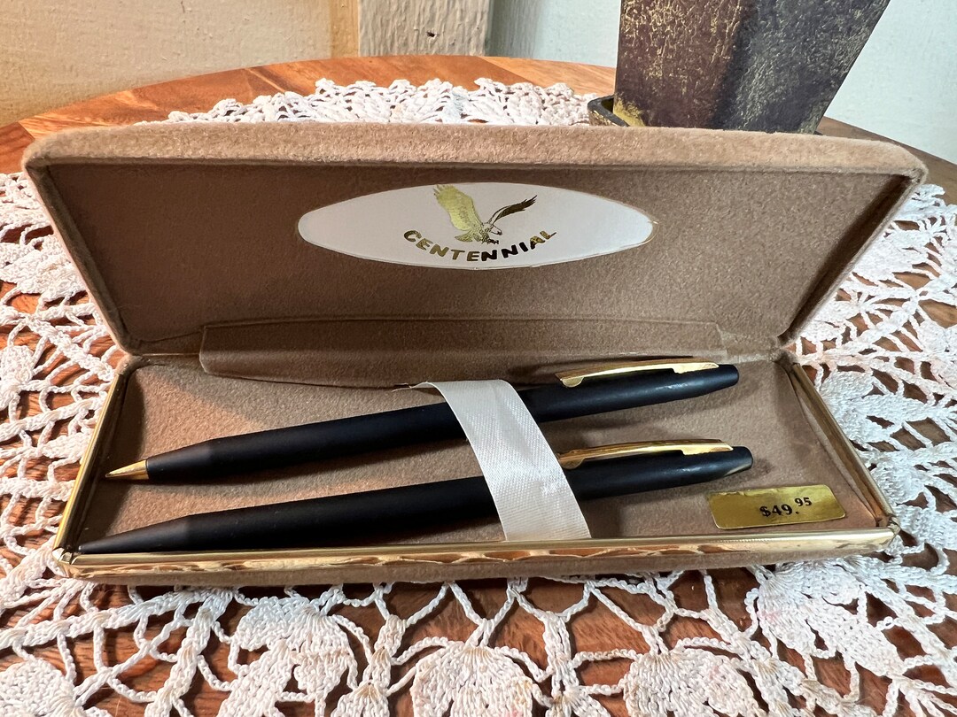 Vintage, Centennial, Pen and Mechanical Pencil Set, Black With Tan Case ...