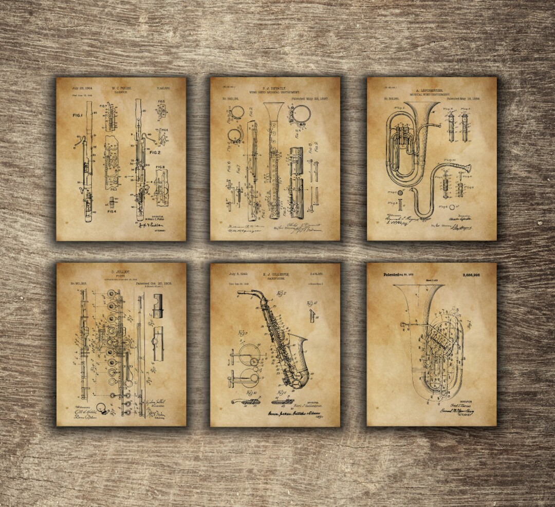 Music Wall Decor Set of 6 Instruments, Tuba Poster, Flute Patent ...