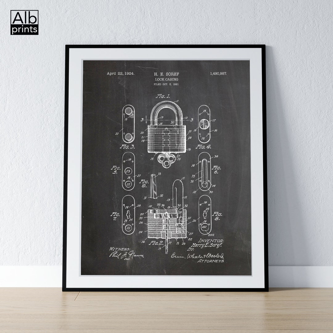 Lock Casing Patent Printable, Padlock Blueprint, Locksmith Gift, Office ...