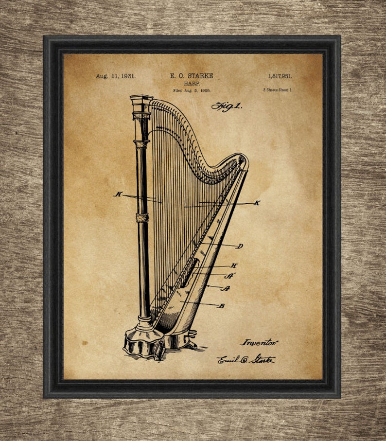 Harp Patent Print Harp Patent Poster Harp Music Instrument - Etsy