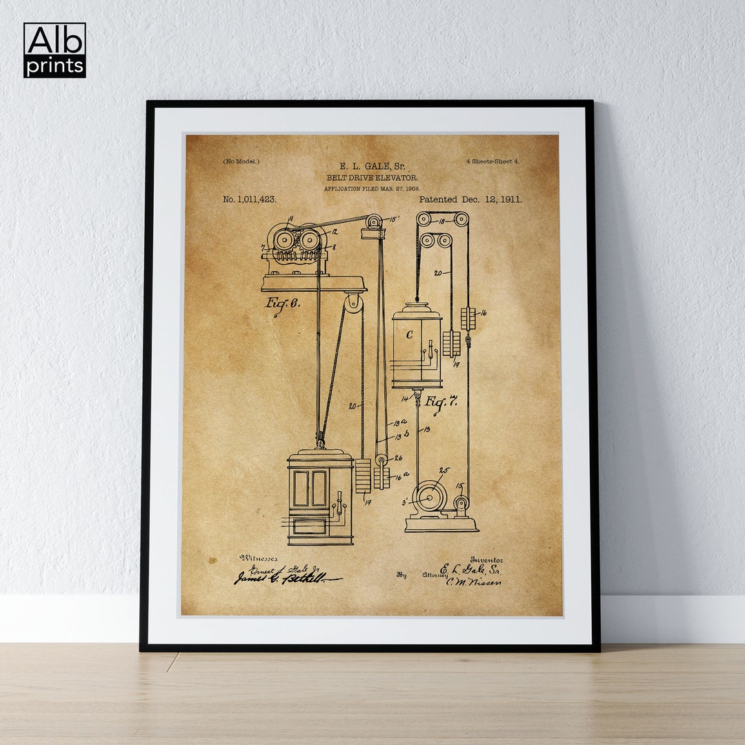 Vintage Elevator Set of 4 Patents, Belt Drive Elevator, Lift Blueprint ...
