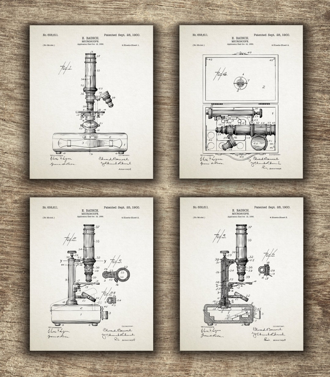 Vintage Science Wall Art Set of 4 Designs, Microscope, Laboratory ...