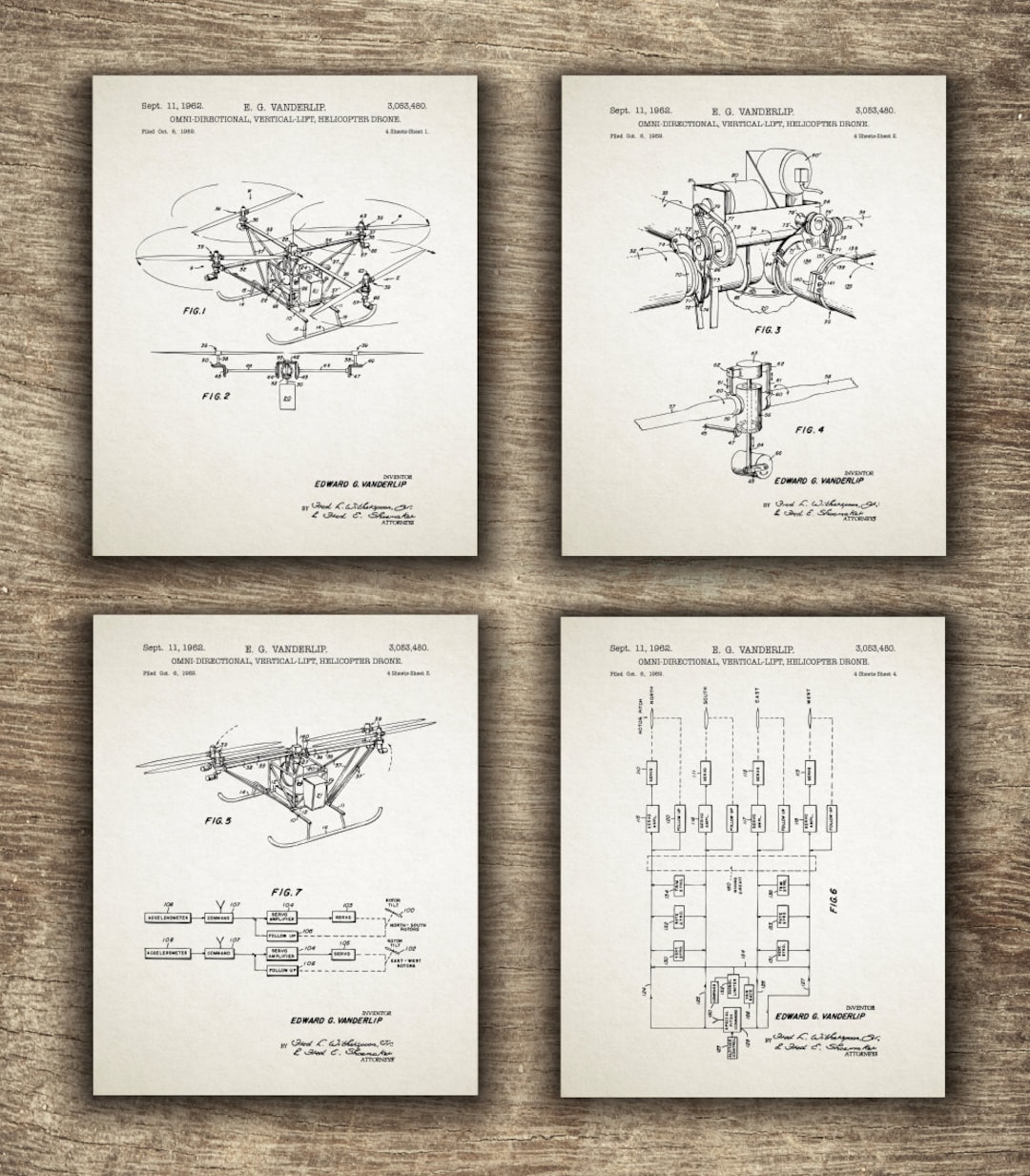 Helicopter Drone Patent Set of 4 Designs, Drone Art, Boys Room Decor ...
