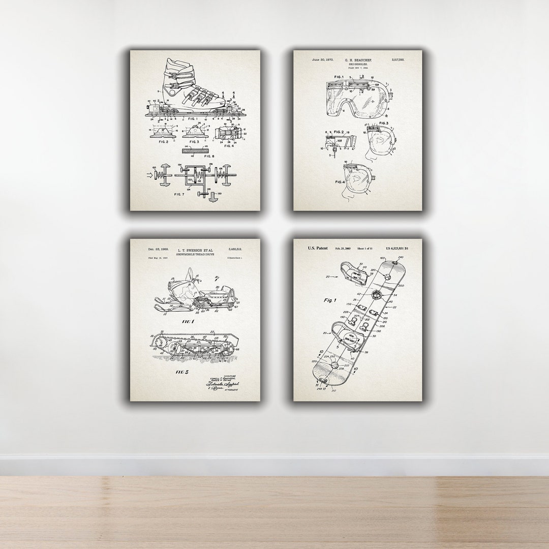 Winter Sports Decor Set of 4 Poster, Snowmobile Poster, Ski Patent, Ski ...