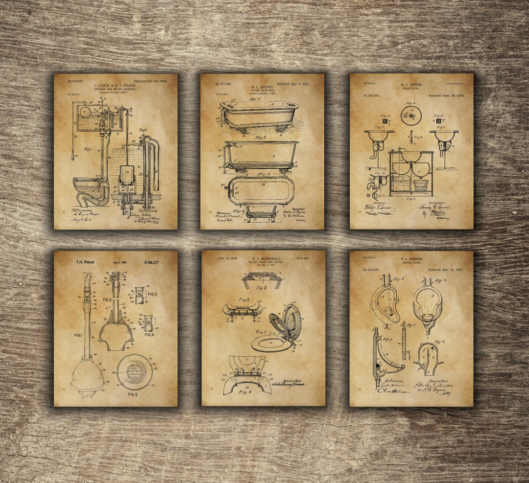 Bathroom Art Patent Posters Group of 6, Bathroom Wall Decor, Toilet ...