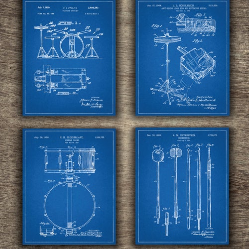 Drum Patent Print Set of 4 Prints Drummer Gift Drum Kit of - Etsy